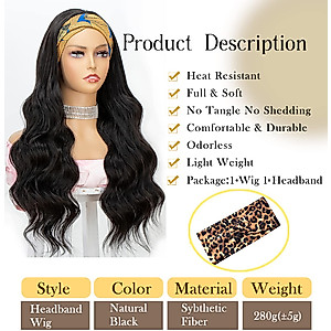 Body Wave Headband Wig Synthetic Natural Color Long Wavy Wig for Black Women Glueless Wig with Headband Attached 180% Density Heat Friendly 22 inch