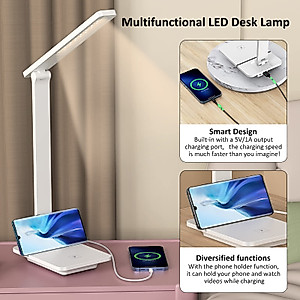 Desk Lamp with USB Charging Port , Folding Desk Light with 3 Color Modes Stepless Dimming, Eye-Caring LED Desk Lamps, Multifunction Table Lamp Touch Control Desk Lamps for Home Office(White+Black)