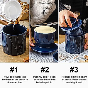 KOOV Porcelain Butter Crock, French Butter Dish, Ceramic Butter Keeper for Counter, Big Capacity, Irregular Striped Series (Aegean)