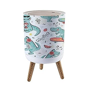 Trash Can with Lid Music Lover Dinosaur Seamless for Kids Fashion Childish with Cute Wood Small Garbage Bin Waste Bin for Kitchen Bathroom Bedroom Press Cover Wastebasket 7L/1.8 Gallon