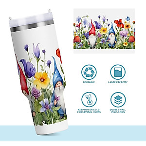 Burbuja Gnomes in Wildflowers 40oz Insulated Tumblers with Handle and Straw Lid, Double Wall Stainless Steel Travel Mug Leak-Proof, BPA Free, Gift for Mom Dad