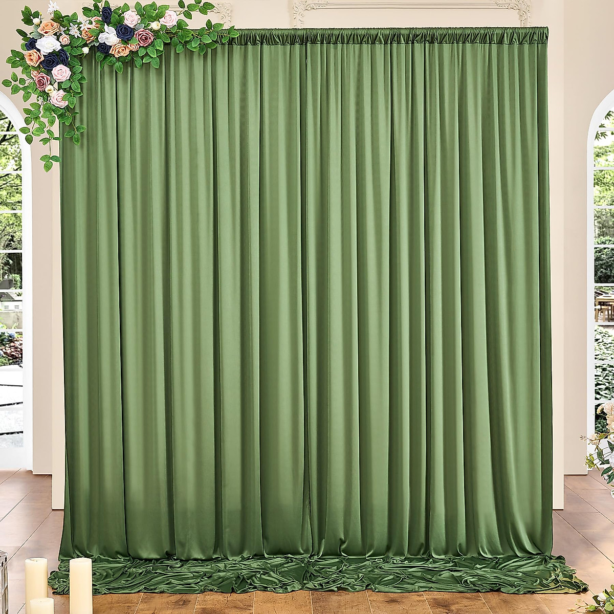 10ft x 10ft Wrinkle Free Olive Green Backdrop Curtains for Parties, Polyester Green Photo Backdrop Drapes 2 Panels 5x10ft for Wedding Birthday Party Photography Background Backdrop Stand