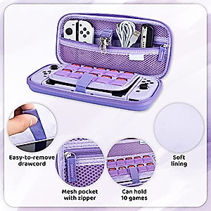 RHOTALL Solid Color with Sakura Embossing Carrying Case for Nintendo Switch OLED, Potable Case for Switch OLED with Soft Case, Screen Protector, 4 Thumb Caps, Wrist band and Shoulder strap - Purple
