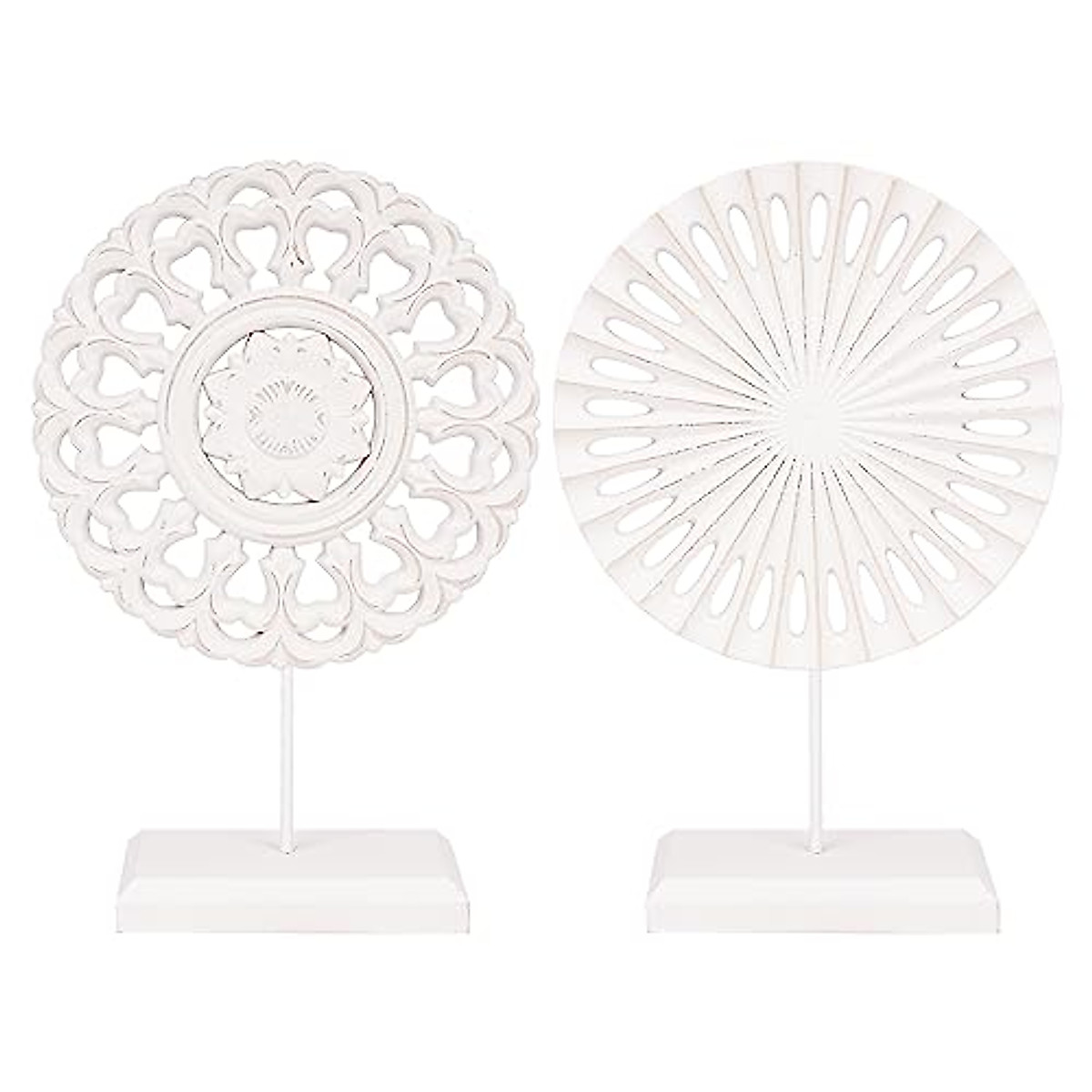 AXEARTE Wooden Carved Cutout Sector Medallion Sculpture 2 Pack, Rustic Distressed White MDF Statues Home Tabletop Decor, Decorative Ornaments for Living Room, Bedroom, Office Desktop, Cabinets