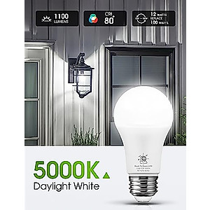 LOHAS Dusk to Dawn Sensor Light Bulbs Outdoor, A19 12W(100 Watt Equivalent) LED Bright Porch Lighting, Daylight White 5000K, 1100LM, Auto-On/Off, E26 Base for Outside, Garage, Patio, Yard, 2 Pack