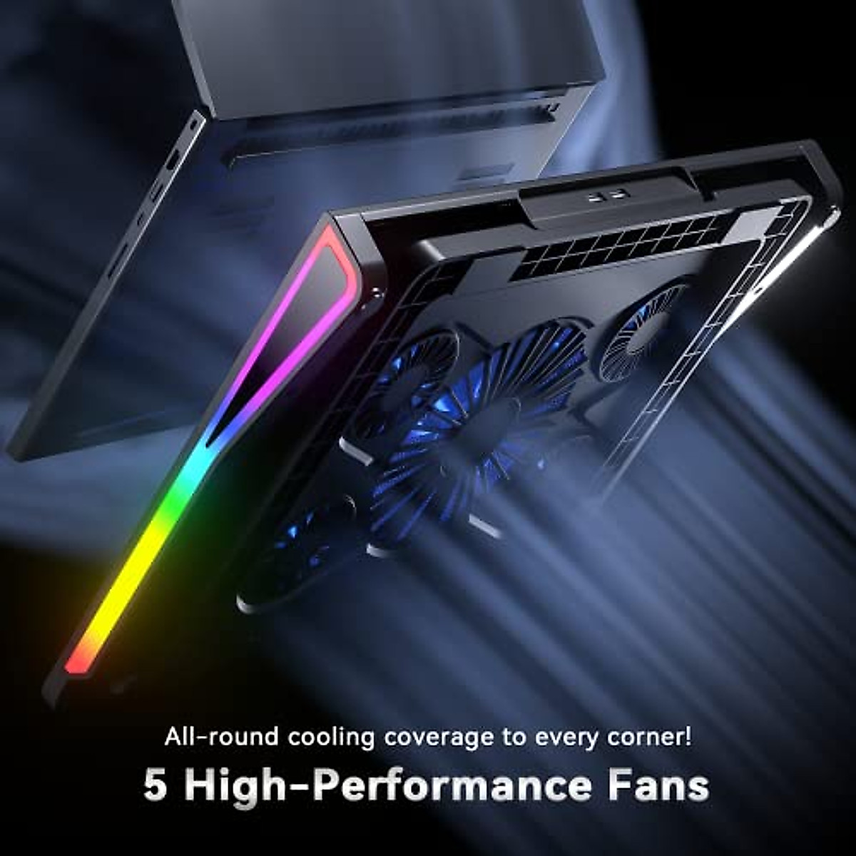 Laptop Cooling Pad, Laptop Cooler Gaming Laptop Cooling Fan, Laptop Cooling Stand for 15.6-17.3 Inches with 4 Adjustable Heights, RGB Lights, 5 Quiet Fans & 2 USB Ports