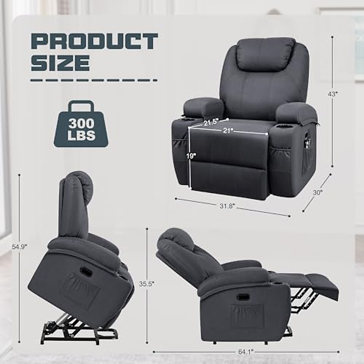 JUMMICO Power Lift Recliner Chair with Massage for Elderly Faux Leather Modern Reclining Sofa Chair with Cup Holders, Remote Control, Adjustable Furniture (Navy Blue)