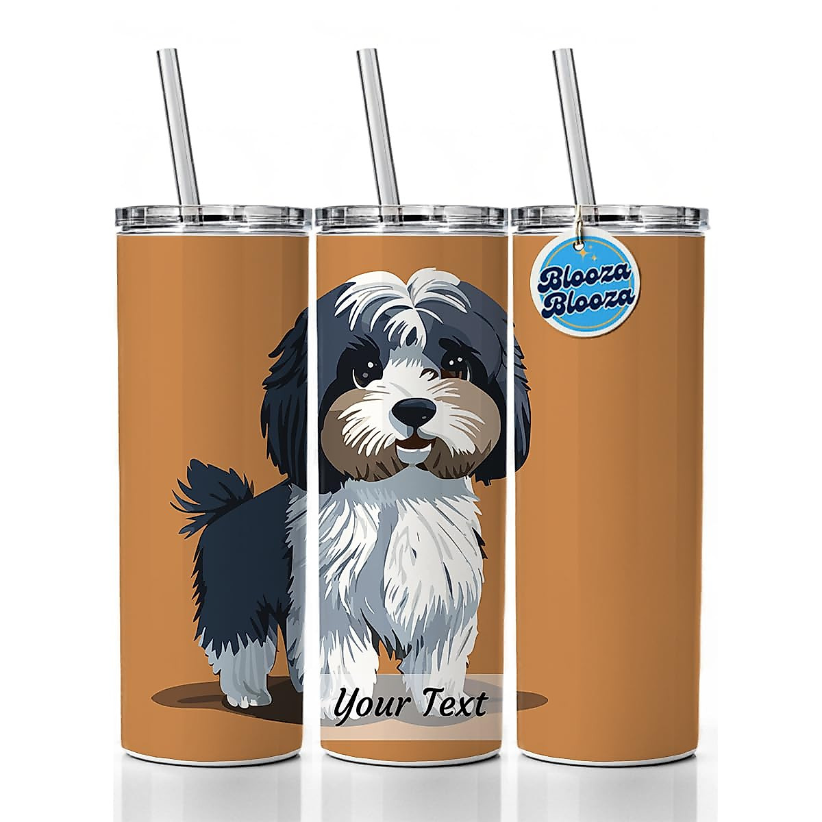 Personalized Custom Name Text Havanese Dog Standing Skinny Tumbler 20oz with Straw Insulated Water Bottle Gift - 1 Line Horizontal