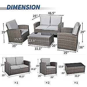 Verano Garden 4 Piece Patio Conversation Set,All Weather Rattan Wicker Patio Furniture Set with Thick Cushions and Tempered Glass Coffee Table for Porch, Backyard, Patio, Dark Gray (Light Gray)