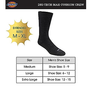 Dickies Men's Dri-Tech Moisture Control Max Full Cushion Crew Socks, Available in M-XL (6, 12, Solid Black (6 Pairs), Large