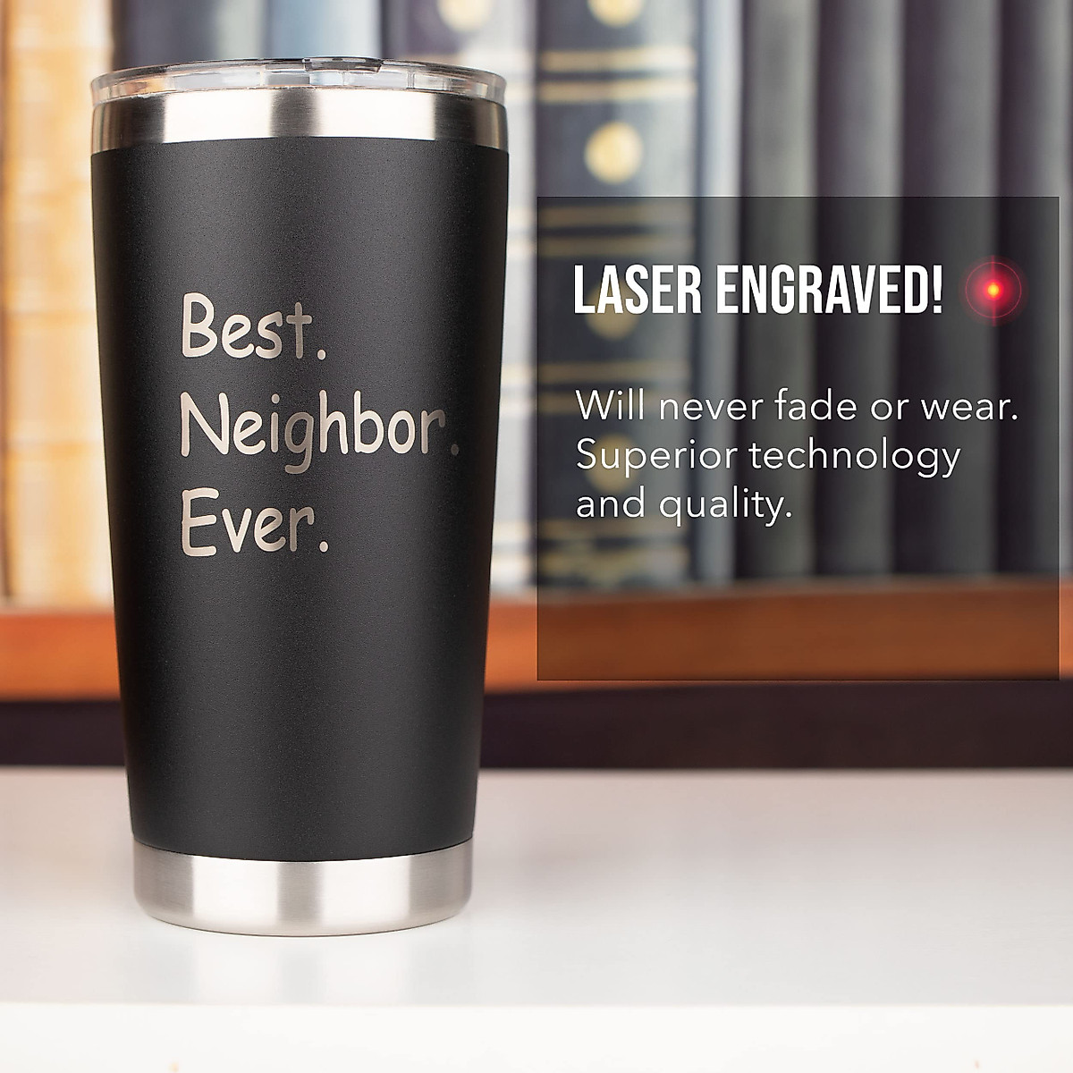 JENVIO Neighbor Gifts | Laser Engraved Stainless Steel Travel Tumbler with Lid and 2 Straws | Housewarming New Ideas Going Away Thank You Valentine's Day (20 Ounce)