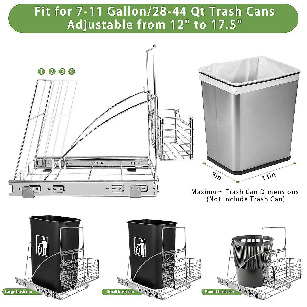 Cabinet Trash Can Pull Out Kit with Removable Front Basket for Garbage Bag Storage, Under Sink Trash Can Slide for 7-11 Gallon/28-44 Qt Garbage Cans Kitchen Trash Can (Not Include Trash Can)