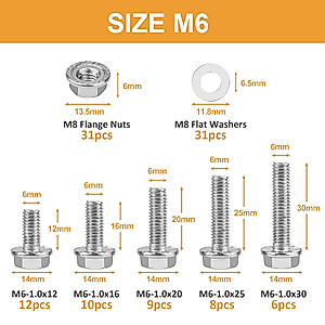 M6-1.0 x 12/16/20/25/30mm Flanged Hex Head Bolts, VIGURE 135PCS M6 Flange Hexagon Screws Serrated Flange Nuts Washers, Stainless Steel 18-8 (304), DIN 6921