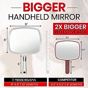 MIRRORVANA Professional Large Hand Mirror with Ergonomic Handle for Men & Women - Premium Handheld Haircut Mirrors for Barber and Salon - 9" x 13" (Elegant Silver Luxe Edition)