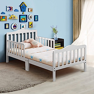 Costzon Toddler Bed, Classic Wood Kids Bed Frame w/Double Safety Guardrail, Low to Floor Design, Wooden Slat Support, Fits Full Size Crib Mattress, Bedroom Furniture for Boys & Girls (White)
