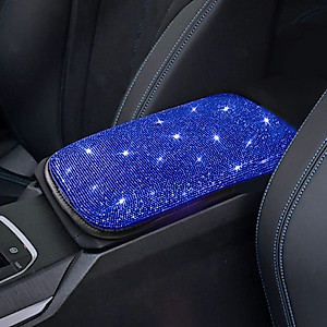 FUNOJOY Car Armrest Cover for Women Blue Diamond Rhinestone Bling Car Accessories Car Decor for Women