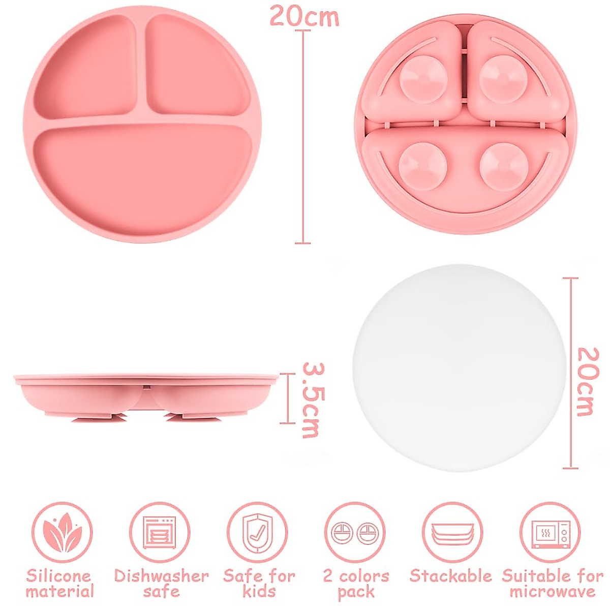 Vicloon Toddler Plates, 2 Pcs Silicone Baby Plates, BPA Free Suction Plates with Lids for Babies and Toddlers, Suction Plate Feature, Divided Plate Design,Toddler Plate Microwave&Dishwasher Safe