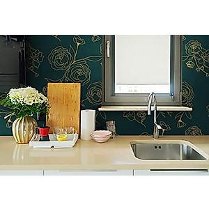 Safiyya Removable Wallpaper Floral Peel and Stick Wallpaper Gold and Teal Contact Paper for Cabinets Boho Wallpaper Contact Paper Peel and Stick Flower Contact Paper for Walls Vinyl Rolls 78.7"x17.3"