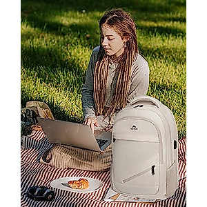 MATEIN 17 inch Laptop Backpack for Women, Big Travel Backpack Airline Approved with Luggage Strap, Heavy Duty Work Bag with USB Charging Port, Water Resistant Bag for College, Beige