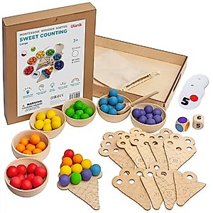 Ulanik Sweet Counting Large Toddler Montessori Toys for 3 Year Old + Kids Wooden Matching Game for Learning Color Sorting and Counting — 60 Balls, 0.98 in