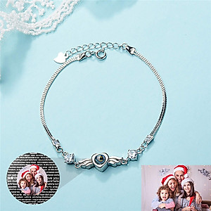 RWQDZOM Custom Photo Heart Projection Bracelet 925 Sterling Silver Adjustable Personalized Circle Photo Bracelet Couple Bracelet Friendship Bracelet Birthday Anniversary Valentines Day ​Gifts