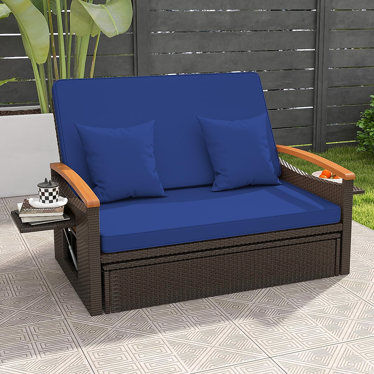 Moccha Outdoor Wicker Daybed, Patio Rattan Loveseat Sofa w/ 4-Level Adjustable Backrest, Folding Panels, Storage Ottoman & Cushions, Lounge Furniture Set for Poolside Backyard Porch (Navy)