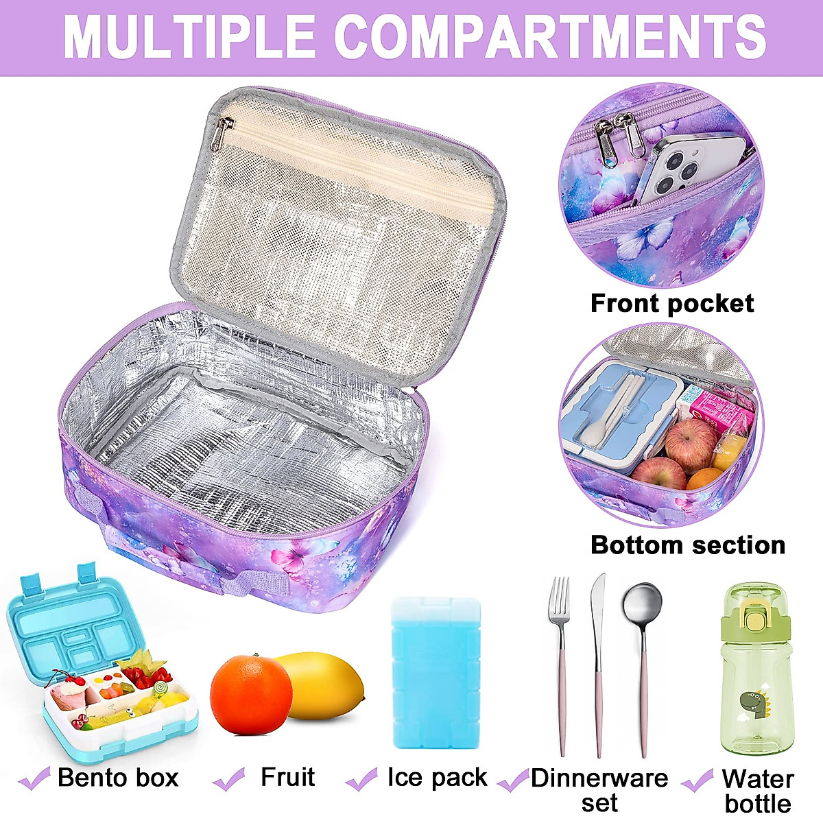 Kids Girls Lunch Bag Insulated Lunch Box for school Lunch Cooler Organizer School Kids Lunch Tote (purple butterfly)