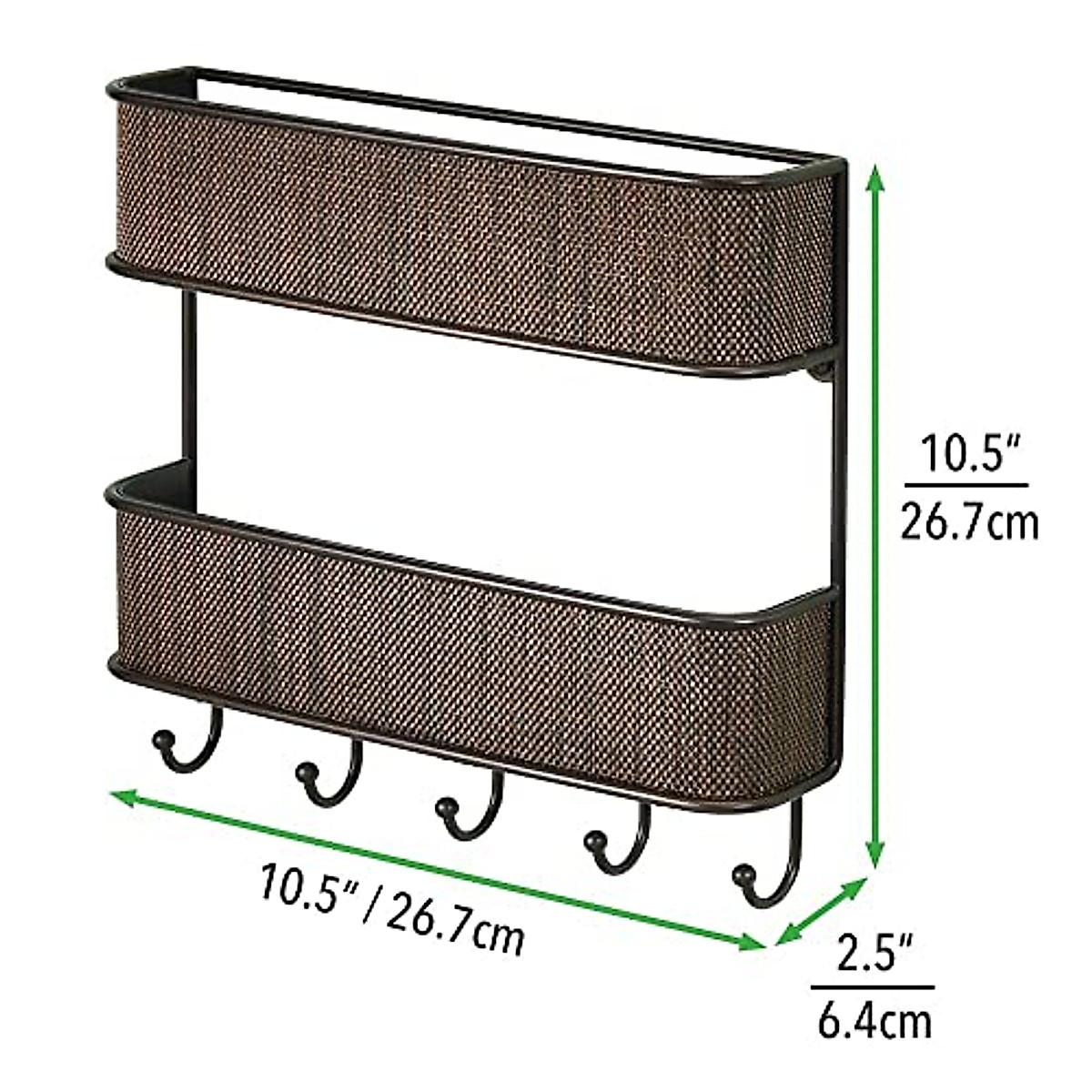 mDesign Wall Mount Metal Woven Mail Organizer Storage Basket - 2 Tiers, 6 Hooks - for Entryway, Mudroom, Hallway, Kitchen, Office - Holds Letters, Magazines, Coats, Leashes, Keys - Bronze