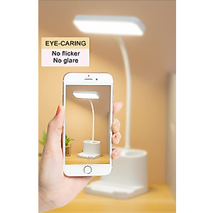 Bovmics LED Desk Lamp with 2 USB Charging Port and 3 AC Outlet, 3 Color Temperatures,Adjustable Neck, On/Off Switch,Eye-Caring Home Office Foldable Table Lamp (White)