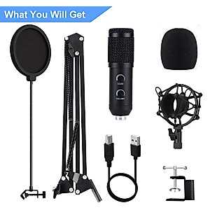 Upgraded USB Condenser Microphone for Computer, Great for Gaming, Podcast, LiveStreaming, YouTube Recording, Karaoke on PC, Plug & Play, with Adjustable Metal Arm Stand, Ideal for Gift, Black