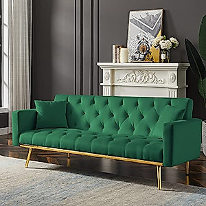 P PURLOVE Convertible Folding Futon Sofa Bed for Living Room, Velvet Sofa Bed with Armrest and 2 Pillows, Sleeper Sofa Couch with Adjustable Back for Office, Bedroom, Green