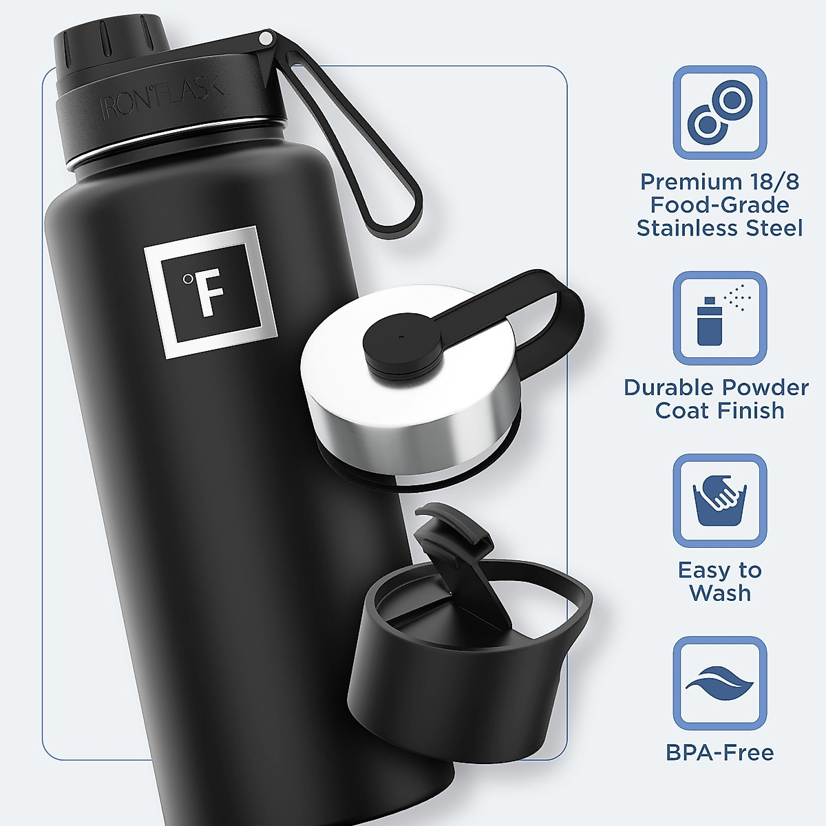 IRON °FLASK Camping & Hiking Hydration Flask with 3 Lids - Stainless Steel, Double Walled & Vacuum Insulated Water Bottle - Leak Proof & BPA Free (Midnight Black, Spout - 32 oz)