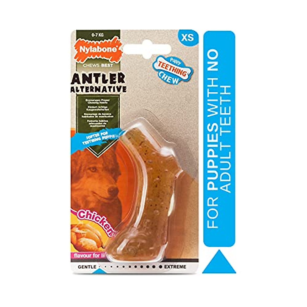 Nylabone Puppy Chew Gentle Chewing Puppy Antler Alternative Chicken Flavored Dog Chew Toy, Petite