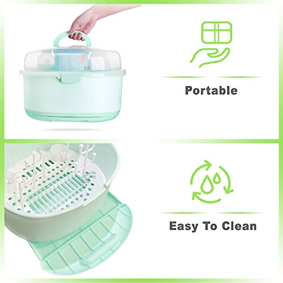 Baby Bottle Drying Rack Storage Large Container with Cover Drainer (Green)