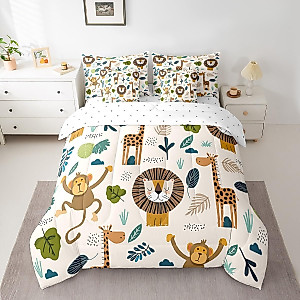 Feelyou Safari Animals 7 Piece Bedding Set Twin, Cartoon Lion Giraffe Comforter Set with Sheets Cute Monkey Bed in a Bag for Kids Nature Wildlife Bed Set