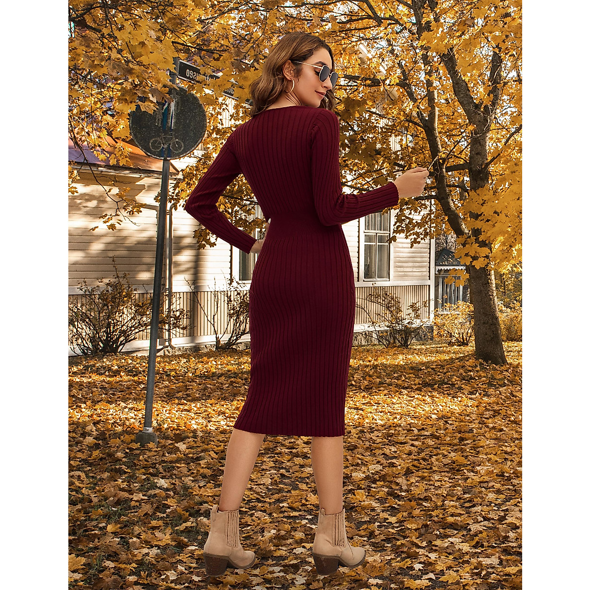 Blooming Jelly Womens Midi Sweater Dress Long Sleeve V Neck Bodycon Fall Dresses 2023 Casual Knee Length Knit Ladies Elegant Winter Dress (Large, Burgundy)