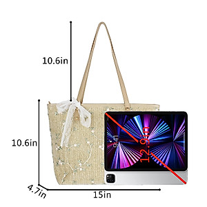 Goclothod Women Flower Embroidered Straw Handbag Lace Woven Large Shoulder Bag Summer Beach Purse