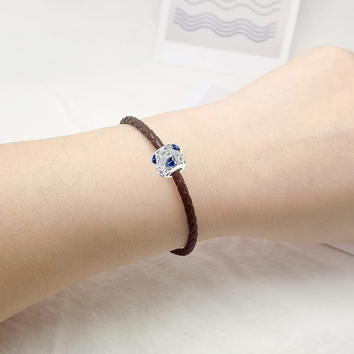 QeenseKc Openwork Mouse Heart Love Round Charm Animal Sparkling Bule CZ Beads for Pandora Bracelet