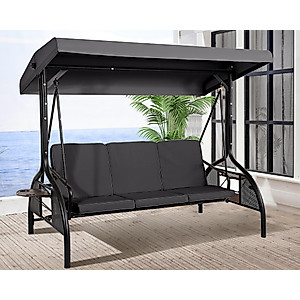 GIODIR 3-Seat Outdoor Porch Swing with Adjustable Canopy and Backrest, Porch Swing Chair with Stand, Patio Swing for Garden, Backyard, Balcony, Poolside (Gray)