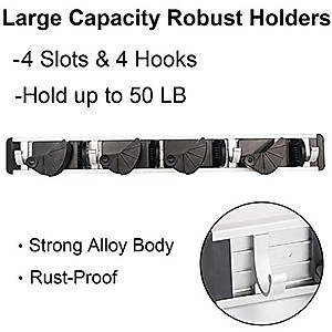 Mop Broom Holder Wall Mount, Metal Broom Organizer Storage Rooms Garage Garden Kitchen Tool Clean Tools Organizer Non-slip Wall Hanger(4 Adjustable Slots & 4 Hooks, Black)