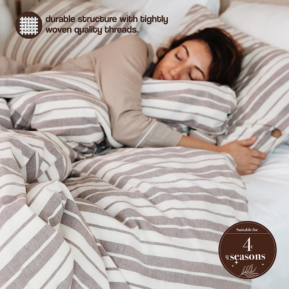 Lavien Home, 100% Natural Cotton Duvet Cover Set King Size, Linen Like Striped, 1 Duvet Cover with 2 Pillowcases, Soft and Easy Care (Milas, King 104"x90")