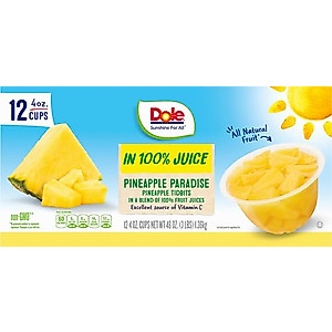 Dole Pineapple Paradise Pineapple Tidbits in a Blend of 100% Fruit Juices Snacks, 4oz 12 Total Cups, Gluten & Dairy Free, Bulk Lunch Snacks for Kids & Adults