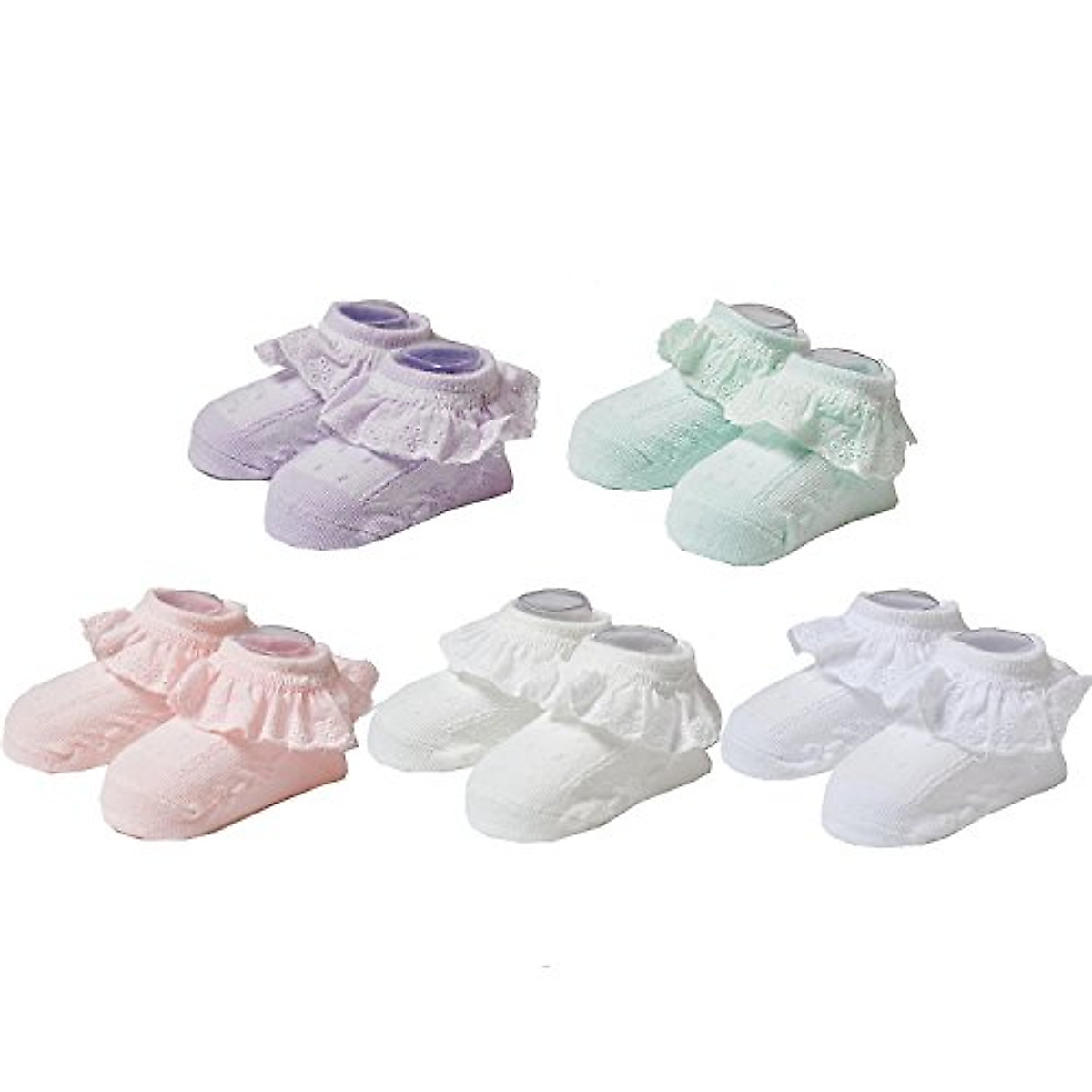 EPEIUS 5 Pack Baby-Girls Eyelet Frilly Lace Socks Newborn Princess Ankle Socks for 0-3 Months,Bow Pattern,White/Ivory/Pink/Purple/Green,Shoe Size 0-1
