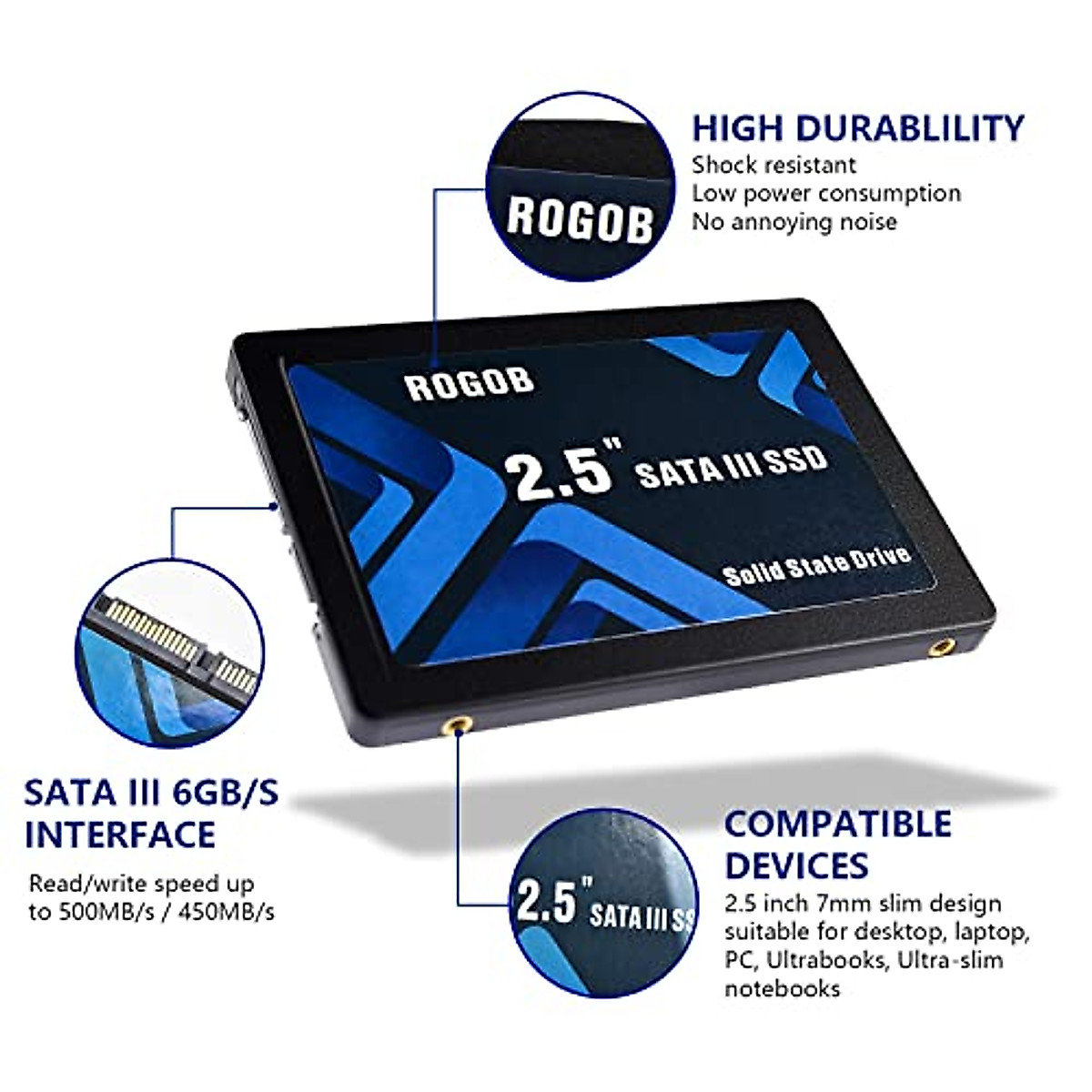 ROGOB 256GB SATA III 6GB/S SSD 2.5 inch 7mm (0.28") Internal Solid State Hard Drive for PC Laptop Ultrabook Desktop