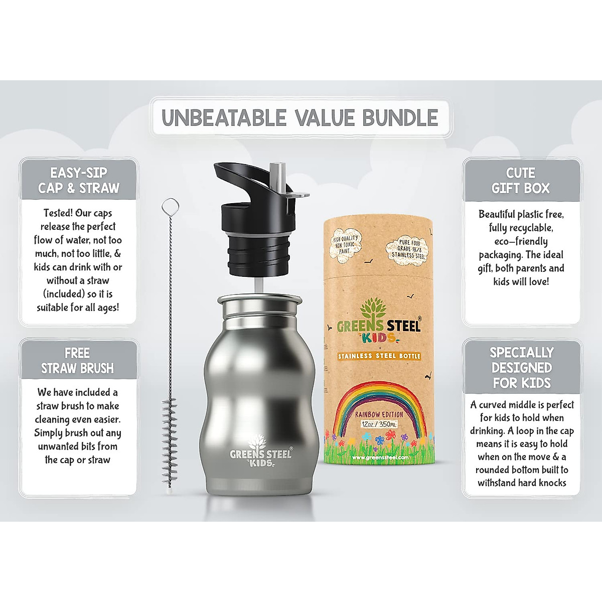 Kids Water Bottle with Straw & Handle, 12 oz Silver- Eco Friendly Toddler Cups with Straws - Easy Sip Metal Water Bottle for Kids - Cute Stainless Steel Water Bottles for Children - Leak Proof Lid