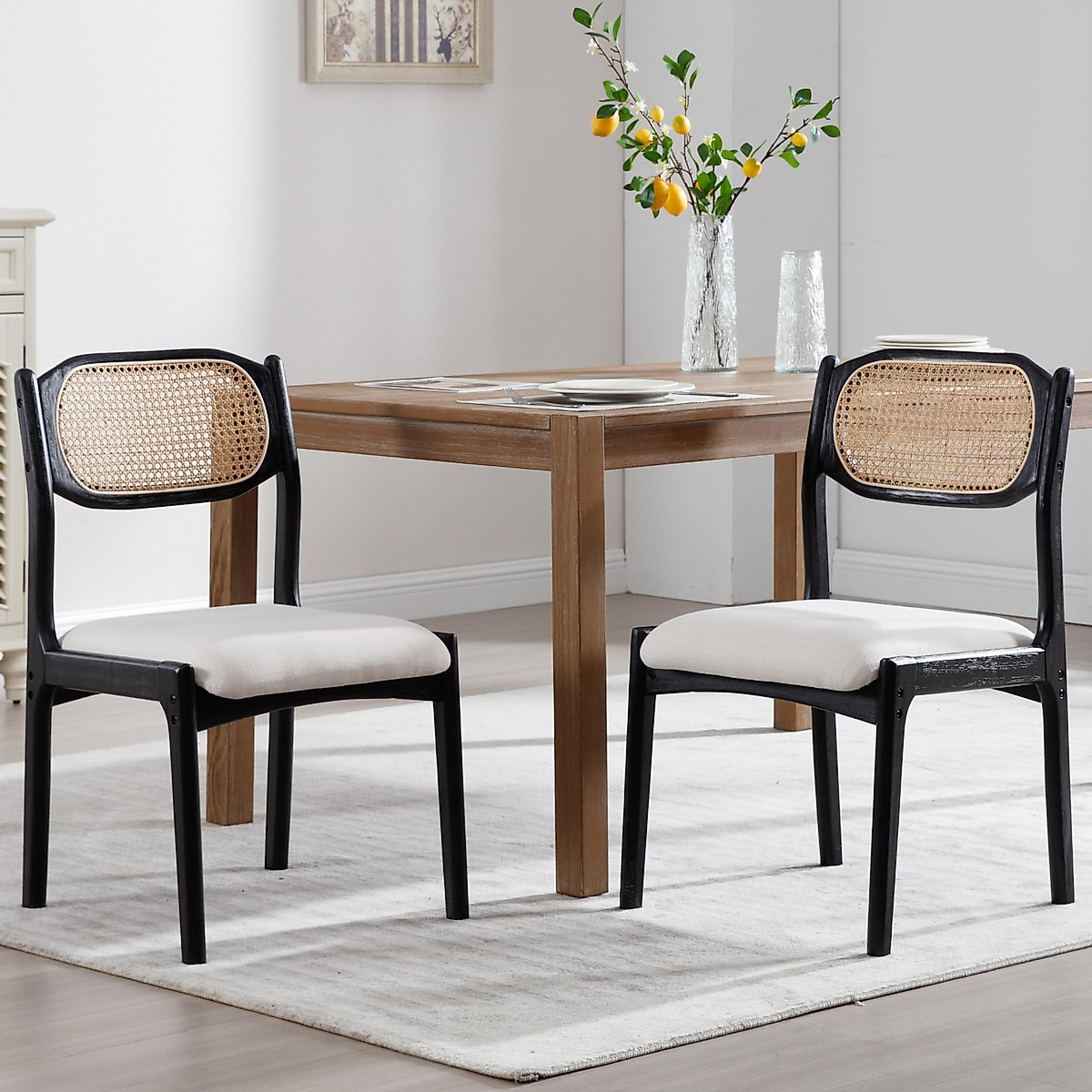 Shunzhi Modern Dining Chairs Set of 2 with Rattan Back and Black Wood Legs, Mid Century Cane Dining Room Chairs Farmhouse Upholstered Kitchen Chairs for Dining Room/Restaurants, White Linen