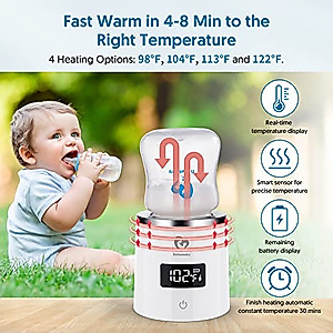 Portable Bottle Warmer, Bellababy Cordless Rechargeable Baby Bottle Warmer for Travel, with Bottle & 4 Leak-Proof Adapters, 4 Accurate Temperature Adjustable for Breastmilk or Formula