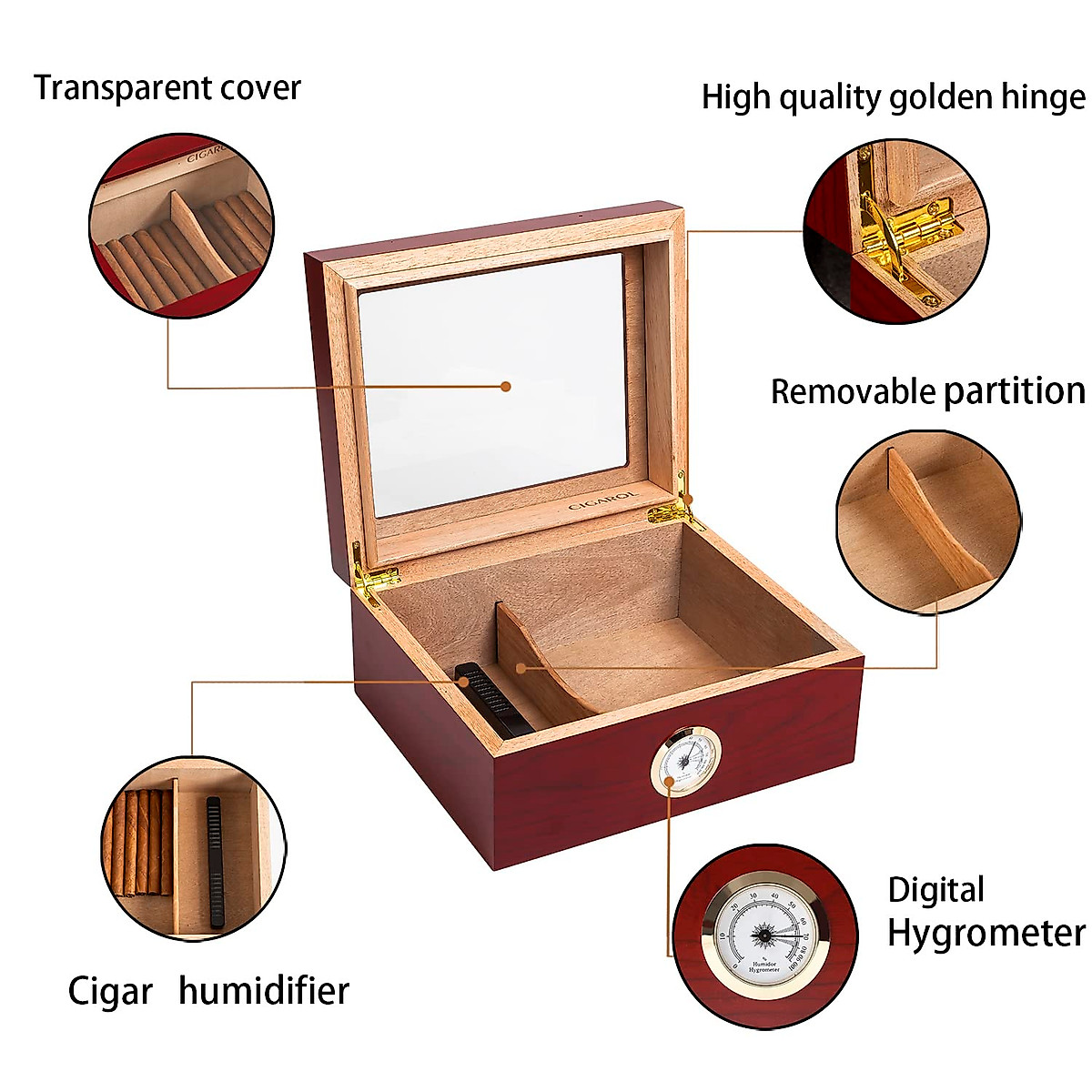 Somduy Cigar Humidor for 30-50 Cigars with Humidifier and Hygrometer,Desktop Cedar Wood Cigar Box Storage Case with Divider, Glass Top, Gift for Men,Reddish Brown