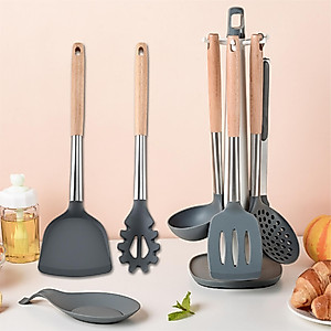 Silicone Cooking Utensils Set, 8pcs Cooking Nonstick Cookware With Wooden Handles and Holder for New Apartment Decor Gadget & Kitchen Tool Gift Sets (Grey)