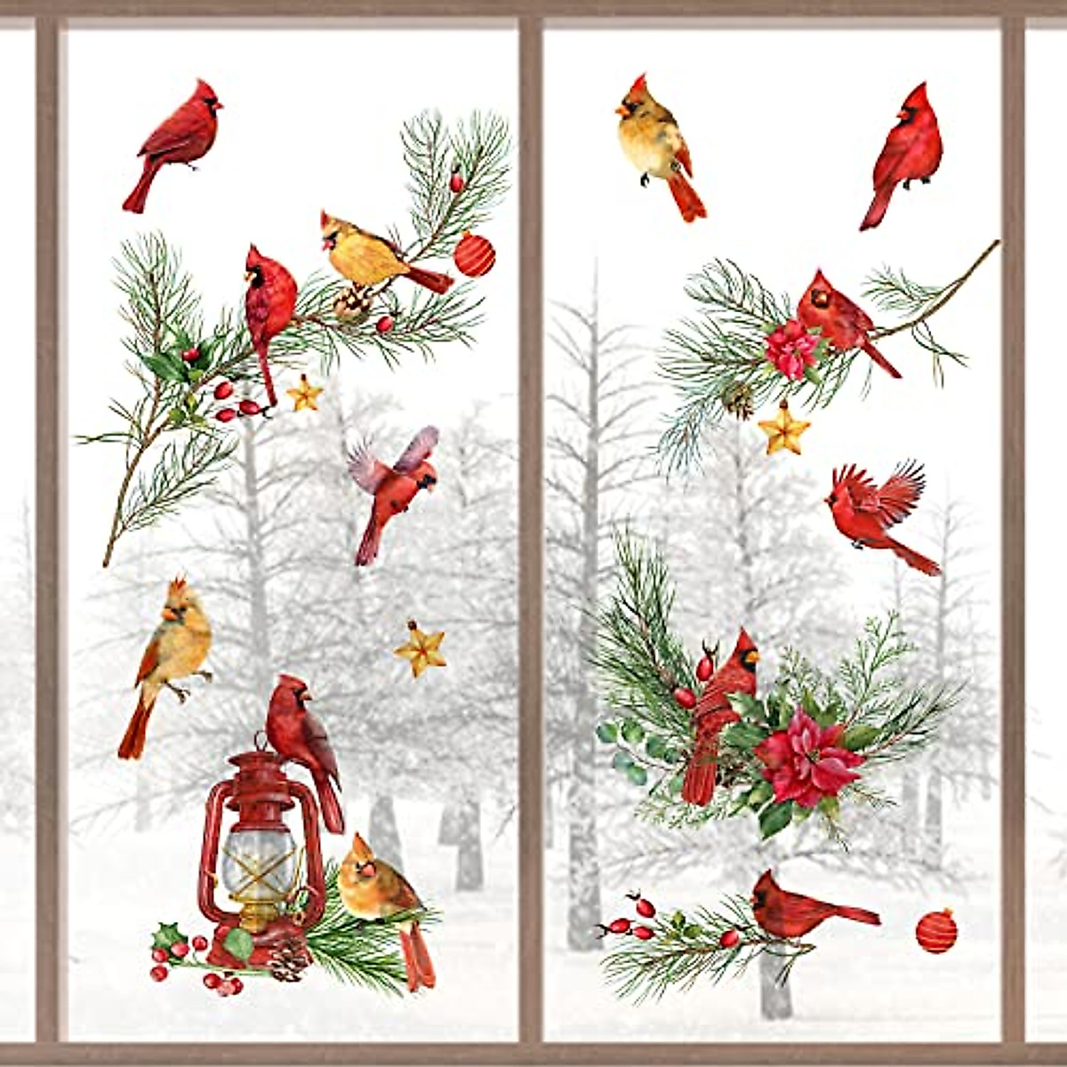 Mfault Winter Cardinals Window Clings 9 Sheets, Christmas Red Birds Glass Stickers Decal Poinsettia Pine Cone Bedroom Decorations, Xmas Kerosene Lamp Tree Branches Home Kitchen Living Room Decor